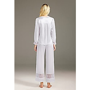 AW BRIDAL 2Pcs Comfy Womens Loungewear Set Pj Set V-Ncek Silk Pajamas For Women, Long Satin Pajamas Women, White, L| Bridal Party Pajamas Bride Gifts Bridesmaid Gifts For Wedding Day