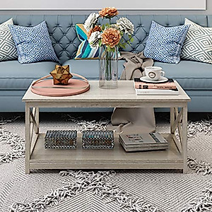 Rainbow Sophia Coffee Table, Modern Farmhouse Wood Coffee Table with 2-Tier Storage, 40 Inch, White Oak
