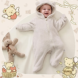 UVIPC Newborn Baby Fleece Footie Snowsuit Winter Onesie Cartoon Bear Warm Hooded Outfits for Girls Boys