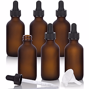 JUVITUS 2 oz Frosted Amber Glass Boston Round Bottle Graduated Measurement Dropper (6 pack) + Funnel