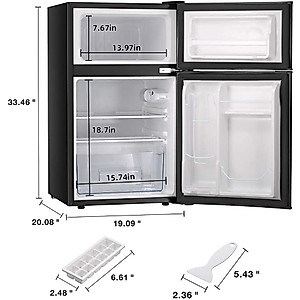 Joy Pebble Small fridge with freezer,3.2 cu.ft compact refrigerator with freezer,Mini Fridge for bedroom, Dorm or Apartment with Adjustable Removable Glass Shelves,Black