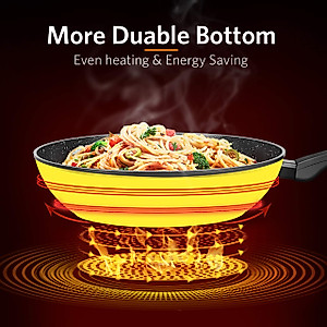 KOCH SYSTEME CS 12'' Black Wok with Lid, Ultra Non Stick Frying Pan with Glass Cover, Marble Coating Deep Frying Pan with APEO & PFOA-Free, Aluminum Stir Fry Pan, Induction Compatible