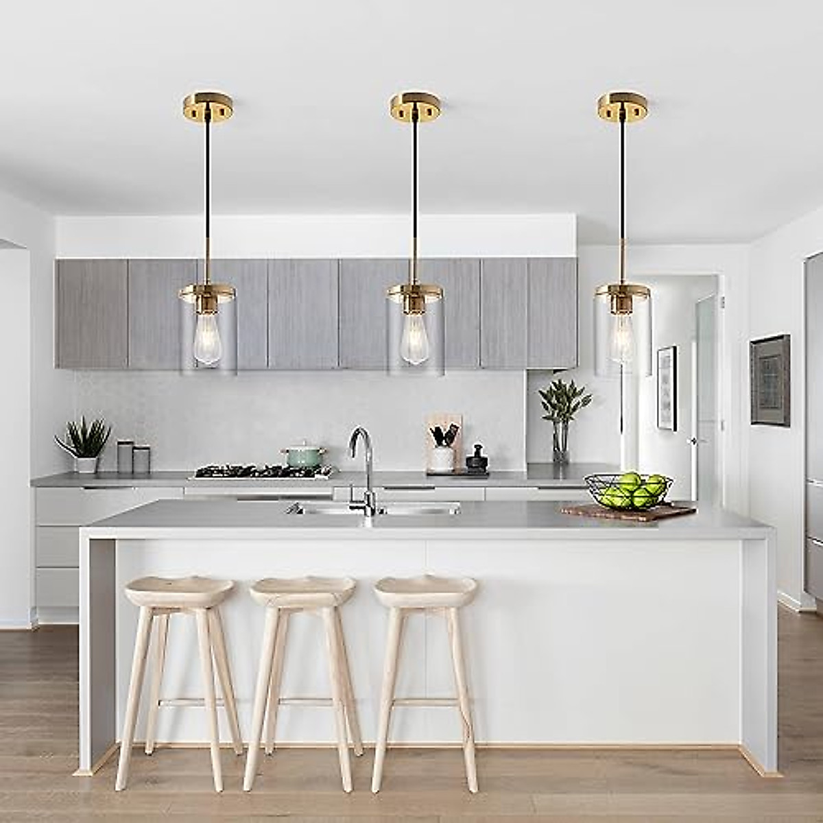 OUVR Gold Pendant Light Fixtures,5 Inch Globe Pendant Lights Kitchen Island with Clear Glass, Hanging Lights for Kitchen Island, Dining Room, Bedroom, Hallway, Farmhouse - 1 Pack