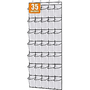 MISSLO 35 Large Pockets Over The Door Shoe Organizer Sturdy Oxford Fabric Hanging Shoe Rack for Door Mesh Closet Shoe Holder Hanger, White