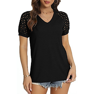 HAOMEILI Women’s Short Sleeve V Neck Tops Lace Shirt Casual Loose T Shirtss L Black