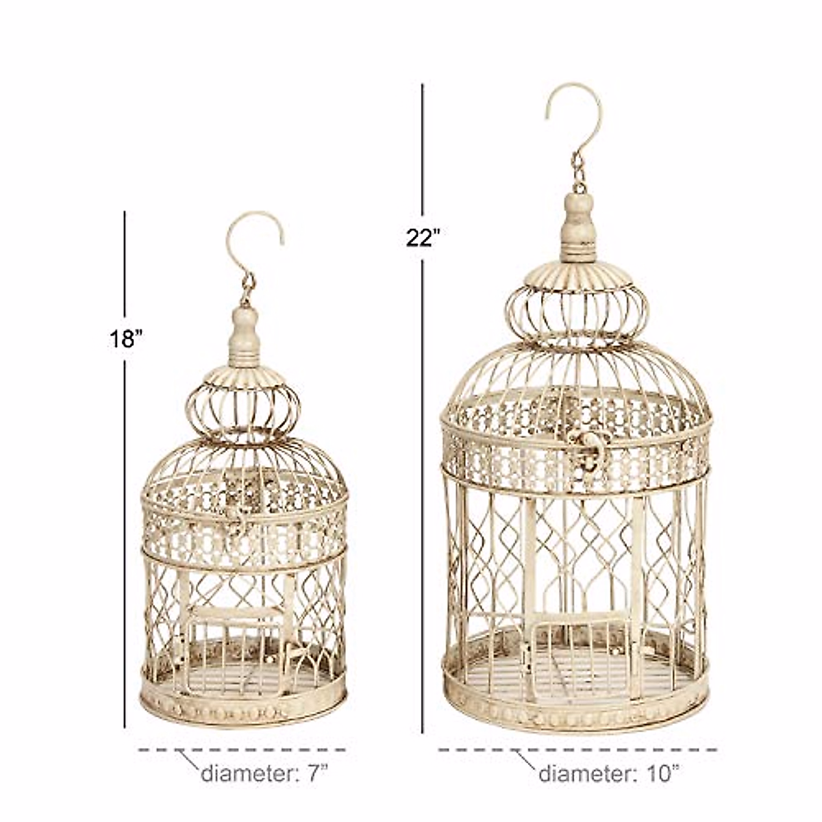 Deco 79 Metal Round Birdcage with Latch Lock Closure and Hanging Hook, Set of 2 22", 18"H, Cream