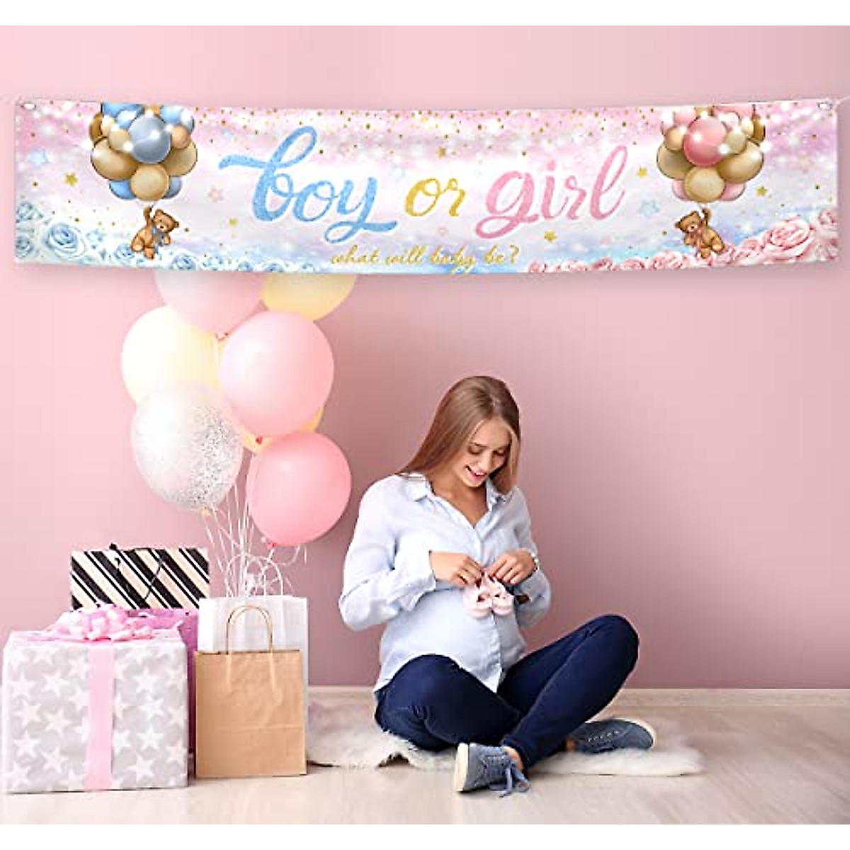 Bear Gender Reveal Decoration-Pink And Blue Bear Baby Shower Banner Decoration,Large Baby Baer Boy Or Girl Yard Sign Banner for Bear Theme Gender Revel Party Decoration
