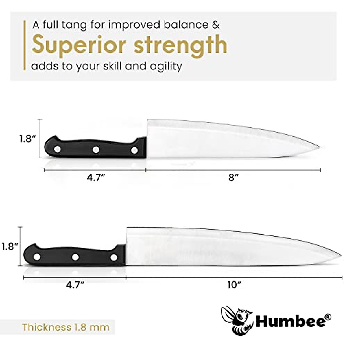 Humbee - Chef Knife 8 Inches - Stainless High Carbon Steel Full Tang Blade for Pro and Personal Use Ergonomic Handle Comfortable Grip