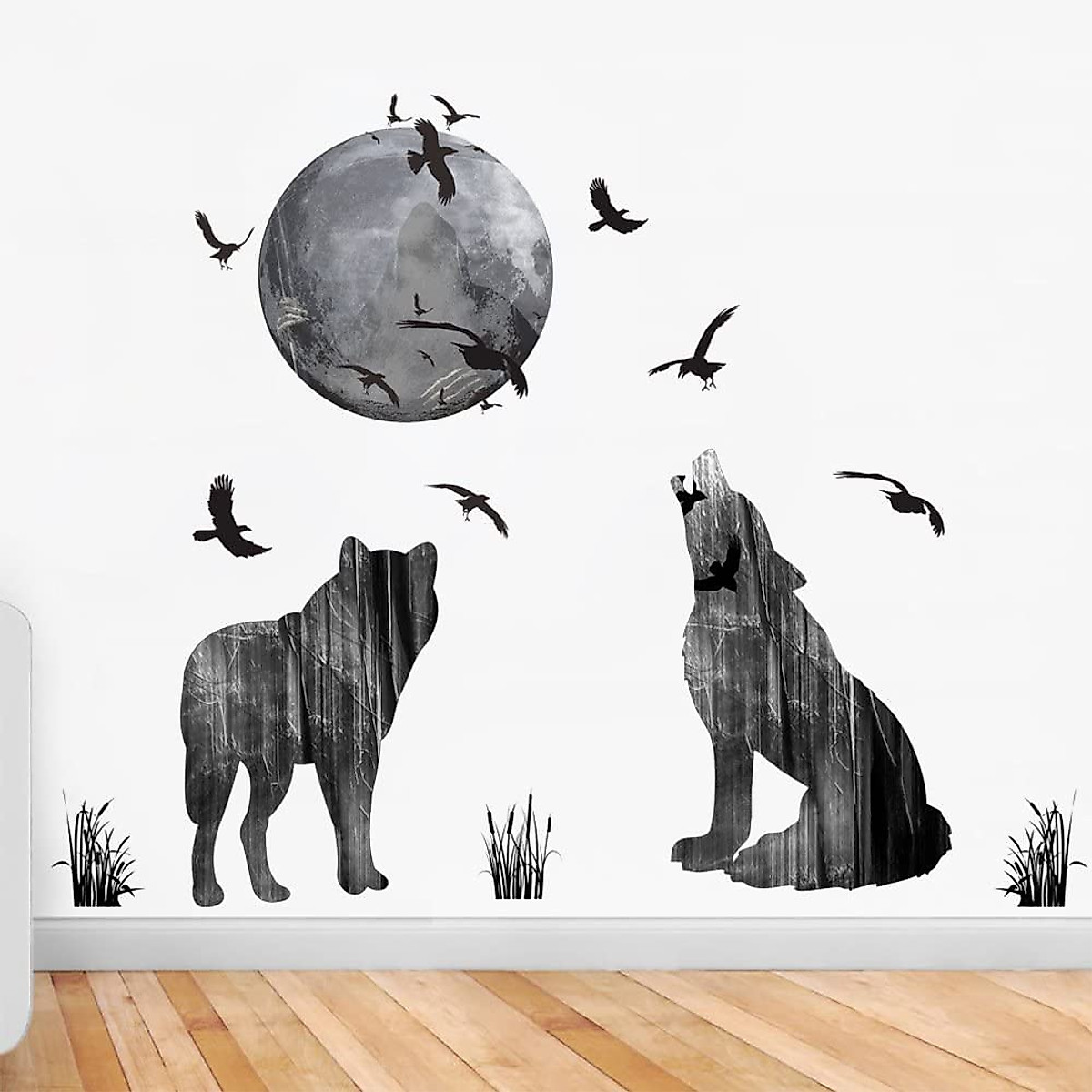 Cafurty Wall Stickers Wolf and Moon Wall Decor Decal Art Animal Murals Removable PVC DIY Wall Decoration Paper Poster for Bedroom Kitchen Living Room Nursery Rooms Offices