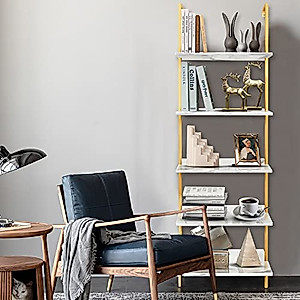 aboxoo Ladder Shelf White Marble Open Bookshelf 5-Tier Wall-Mounted Wood Rack Industrial Modern Plant Flower Stand Utility Organizer Bookcase Metal Frame Furniture Office Kitchen Bedroom