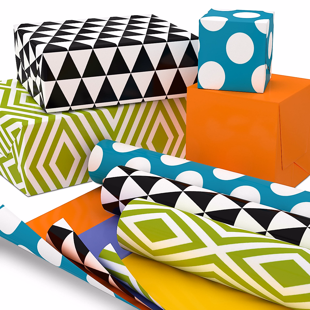 Hallmark Reversible Wrapping Paper Bundle (6 Rolls: 150 Square Feet Total) Stripes, Chevron, Solid, Black & White, Gold, Green, Orange, Blue for Birthdays, Holidays, Any Occasion