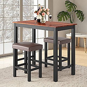 COSTWAY 3 Pieces Dining Table and Chair Set, Counter Height Wood Breakfast Table Set with 2 Upholstered Stools, Industrial Wood Kitchen Table Set for Bar Bistro,Living Room, Restaurant