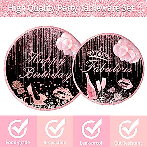Oigco Women Rose Gold Black Birthday Party Plates Napkins Birthday Party Supplies Pink Girls Paper Tableware Set Birthday Decorations 24 Guests