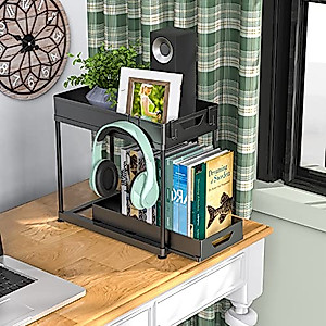 JWQ Under Sink Organizers and Storage 2 Pack, Pull-out Large Capacity Under Bathroom and Kitchen Cabinet Storage Drawer Organizer with Hooks, Multi-purpose Under Sink Shelf Organizer, Black