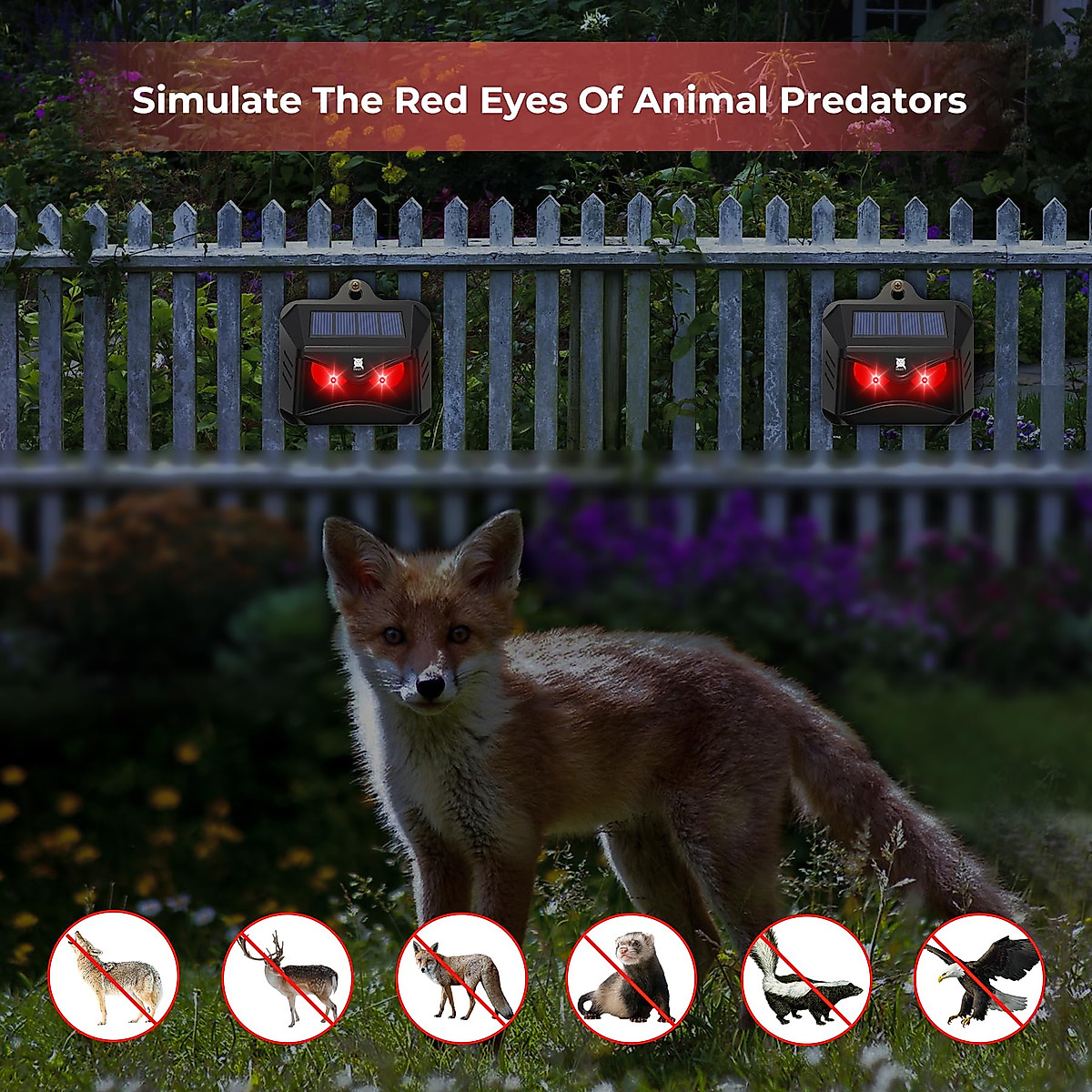 Solar Powered Nocturnal Animal Repeller, Predator Control Light Animal Repellent Device, Red Led Light Outdoor Deterrent Coyote Raccoon Deer Fox Skunk Squirrel for Garden Yard Farm Chicken Coop (2)