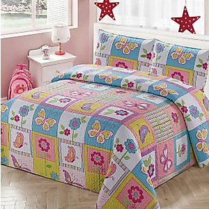 Better Home Style White Pink Blue & Yellow Patchwork Butterflies Floral Butterfly Kids/Girls Coverlet Bedspread Quilt Set with Pillowcases with Butterfly & Flower Imagery # Butterfly (Queen/Full)