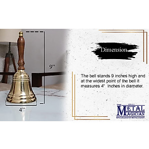 8.5"(H) 4"(D) Solid Brass Bell Quality Wooden Handle Bell Perfect for Dinner, Indoor, Outdoor, School, Bar, Reception, Last Order & Church by The Metal Magician