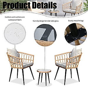 SoarFlash 3 Pieces Outdoor Wicker Bistro Set Rattan Conversation Set with Coffee Table, Patio Chair Set for Lawn, Garden,Backyard, Beige