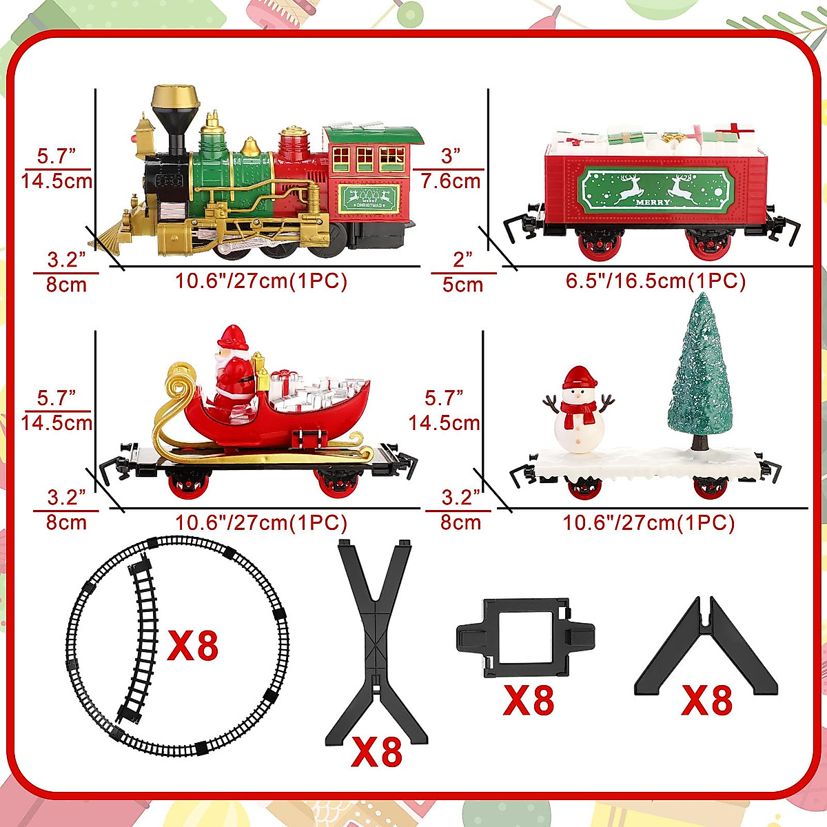 Deekin Christmas Train Set Under the Christmas Tree, Electric Xmas Train Toy for Kids Gift, Christmas Train Elevated with Locomotive Santa Claus Snowman Christmas Tree for Holiday Christmas Decoration