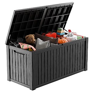 ROJIK Outdoor Storage Housing Deck Box-Waterproof Patio Furniture,Garden Tools,Cushions,Pool Accessories Storage Waterproof Resin Box with Capacity (180 Gal & Black)