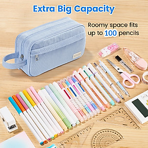Sooez High Capacity Pencil Case, Soft Corduroy Pencil Pouch with 4 Compartments, Multiple Pockets, Large Pencil Bag with Sturdy Zipper, Cute Pencil Case Pouch Organizer for Student Teen Girls, Blue
