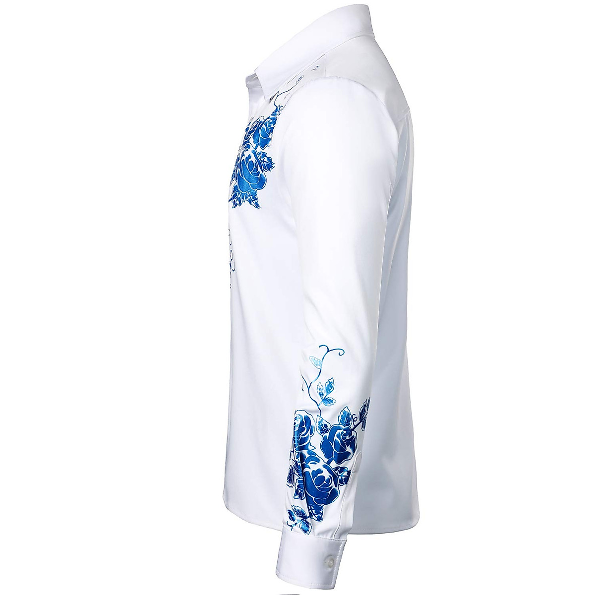 ZEROYAA Men's Hipster Rose Floral Printed Slim Fit Long Sleeve Button Up Party Dress Shirts ZZCL63 White Royal X Large