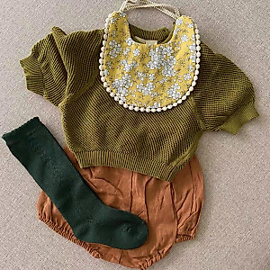 Cherssy Baby Girl Reversible Bibs, Boho Bibs with Crochet Lace and String Ties Pom Pom, Floral Cotton bibs for Newborn Infant Toddler, 2 Pack Mustard/Brown