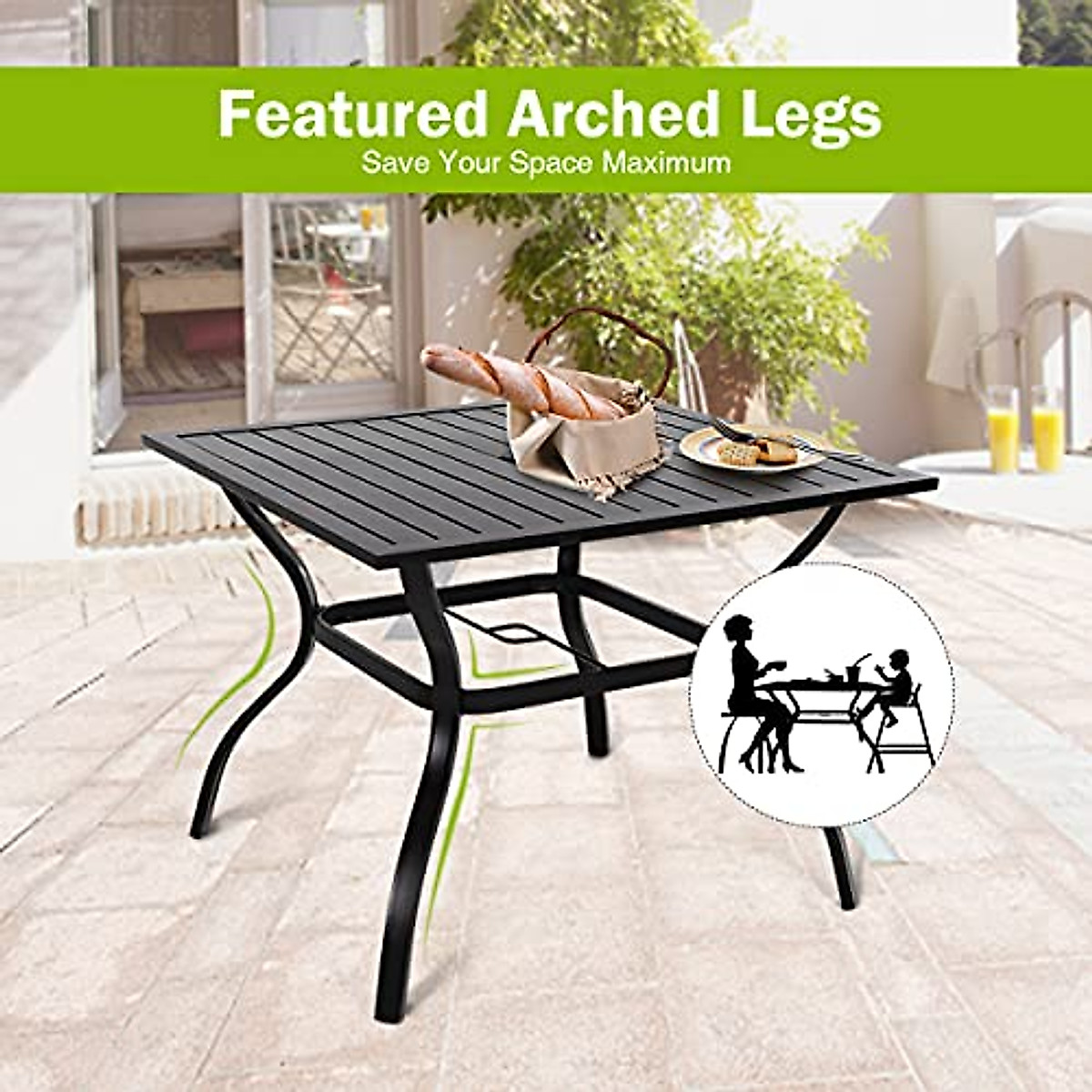MEOOEM Outdoor Metal Patio Dining Table with Umbrella Hole, Picnic Table Metal Steel Square Backyard Bistro Table Outdoor Dining Table for Garden, Poolside, Backyard, Black, 37x37