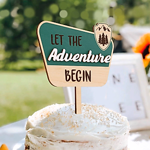 Huray Rayho National Park Cake Topper Let the Adventure Begin Wooden Cake Decoration for Natural Adventure Theme Sage Green Baby Shower Engagement Wedding Birthday Party Centerpiece