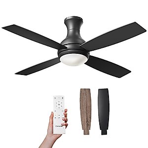 Consciot 52 Inch Ceiling Fan With Lights, Modern Black Ceiling Fan, Remote Control, Quiet Reversible DC Motor, Flush Mount, Dimmable 3CCT LED Light, Double Finish Blade, For Indoor Bedroom Living Room