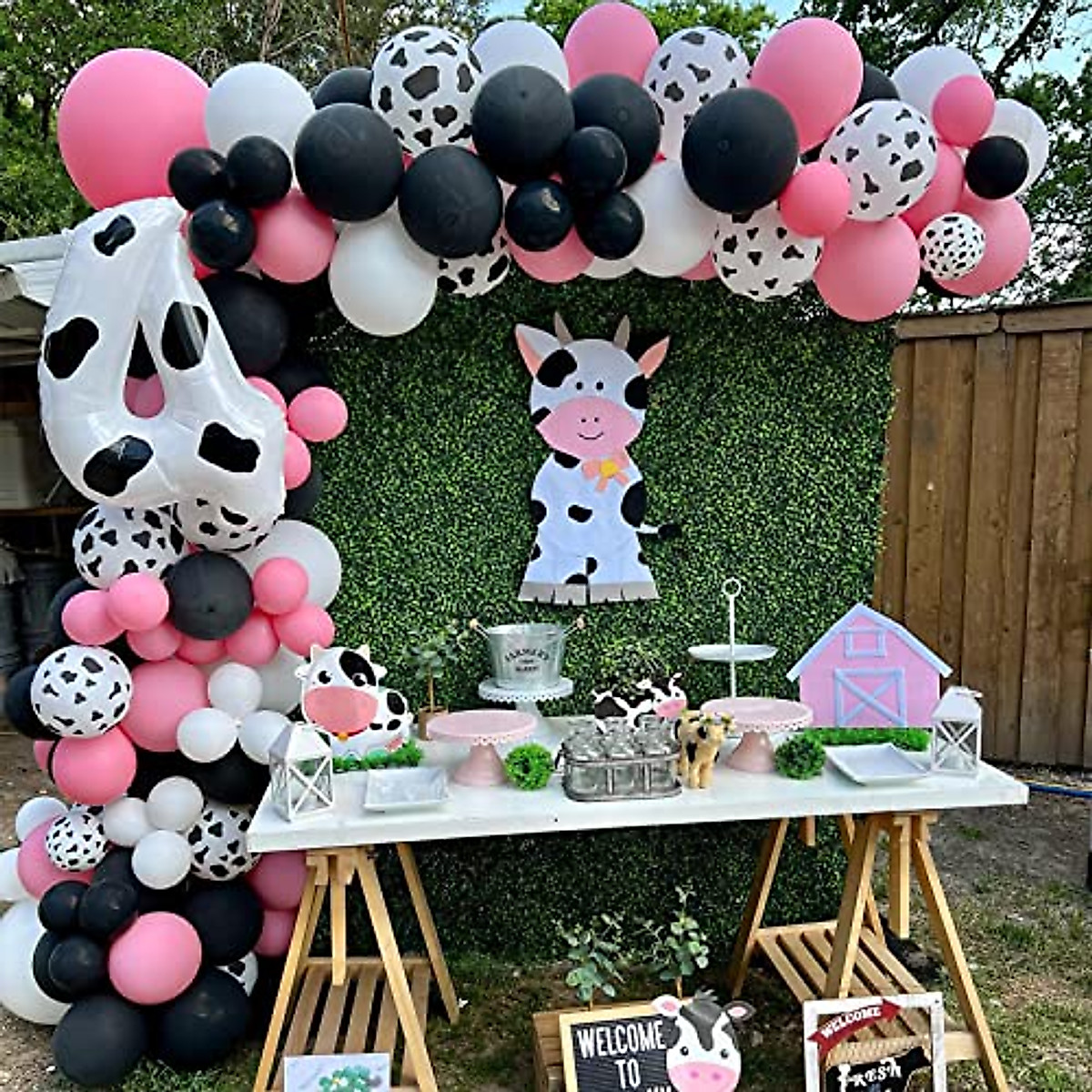 LLTT Funny Cow Balloon Garland Arch Kit, Farm Party Balloon Set of Cow Print Balloons, Pink White Black Balloons for Farm Birthday Party Baby Shower Kid's Bday