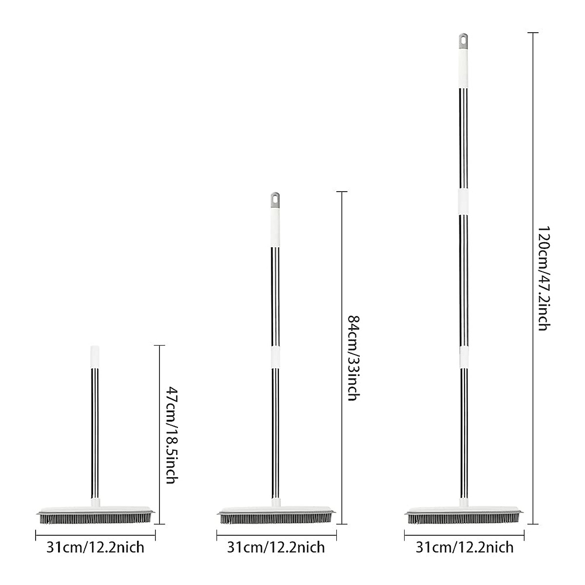 YFJQTZX Push Broom Pet Hair Removal Broom with Squeegee, Soft Silicone Bristle Broom with 47" Adjustable Long Handle, Non Scratch Carpet Sweeper Brush for Cat/Dog Hair Hardwood Tile Windows