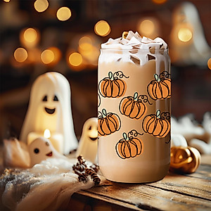 LEADO Fall Pumpkin Cup, Halloween Iced Coffee Cup, 16 oz Aesthetic Cute Glass Cups with Lids and Straws, Thanksgiving Tumbler Mug - Fall Gifts, Halloween Boo Basket Gifts for Women, Her, Adult
