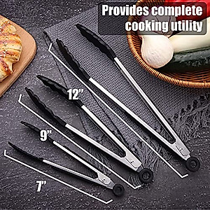 Kitchen Tongs, Set of 3 Silicone Tongs for Cooking, Stainless Steel Metal Food Tongs with Non-Stick Silicone Tips, for Food Grill, Salad, BBQ, Frying, Serving (7",9",12")