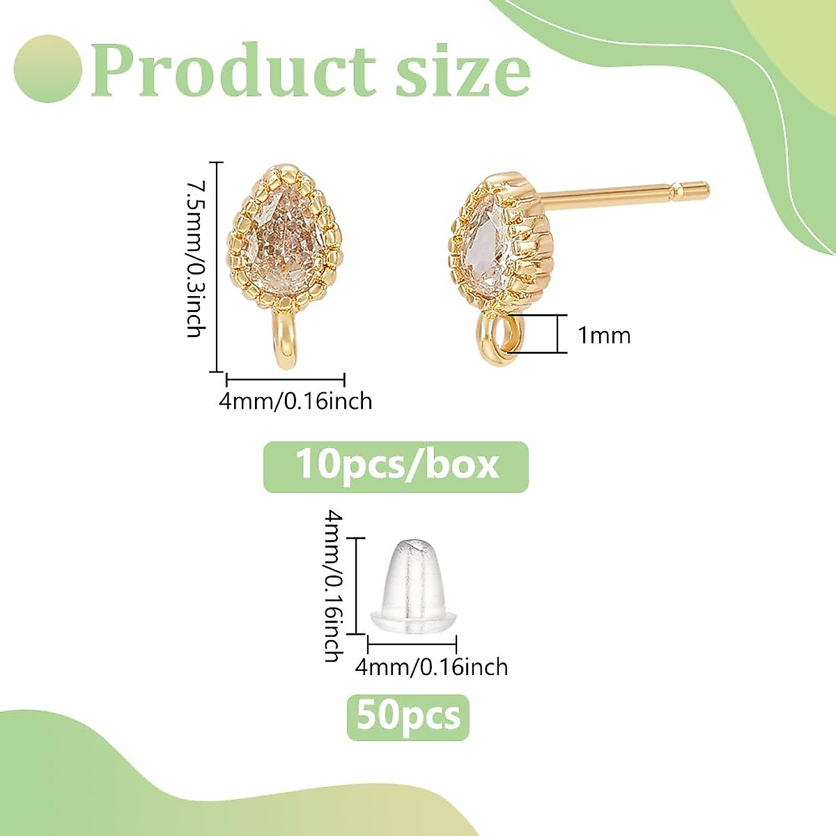 BENECREAT 10PCS 18K Real Gold Plated Teardrop Cubic Zirconia Earring Studs with Loop for Earring DIY, Valentine's Day Jewelry Gift Making, Hole: 1mm