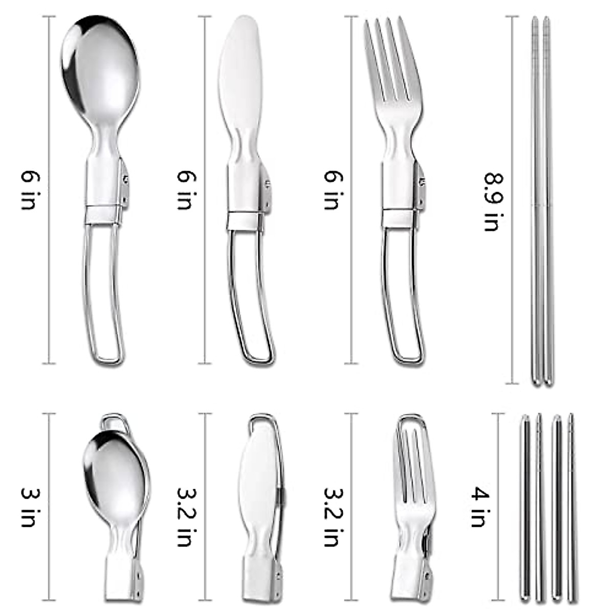 KitchenMade 4 Pack Reusable Flatware Sets Knife, Fork, Spoon, Chopsticks, Stainless Steel Folding Utensil Set & Nylon Storage Bag ，Ultralight Utensils for Backpacking/Hiking/Camping