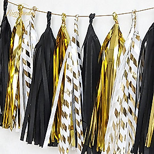 NICROLANDEE Black & Gold Party Decorations, 15Pcs Black Gold Tissue Paper Tassel Garland for Wedding, Graduation, Birthday, Bridal Shower, Bachelorette Party, Prom Night, New Years Eve Party Supplies
