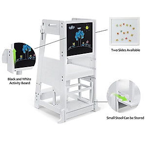 TOETOL Bamboo Toddler Step Stool White Kitchen Counter Learning Helper Standing Tower Ktchen Stool for Toddler 3 Height Adjustable with Chalkboard Message Boards, Small Step Stool, Non-Slip Mat