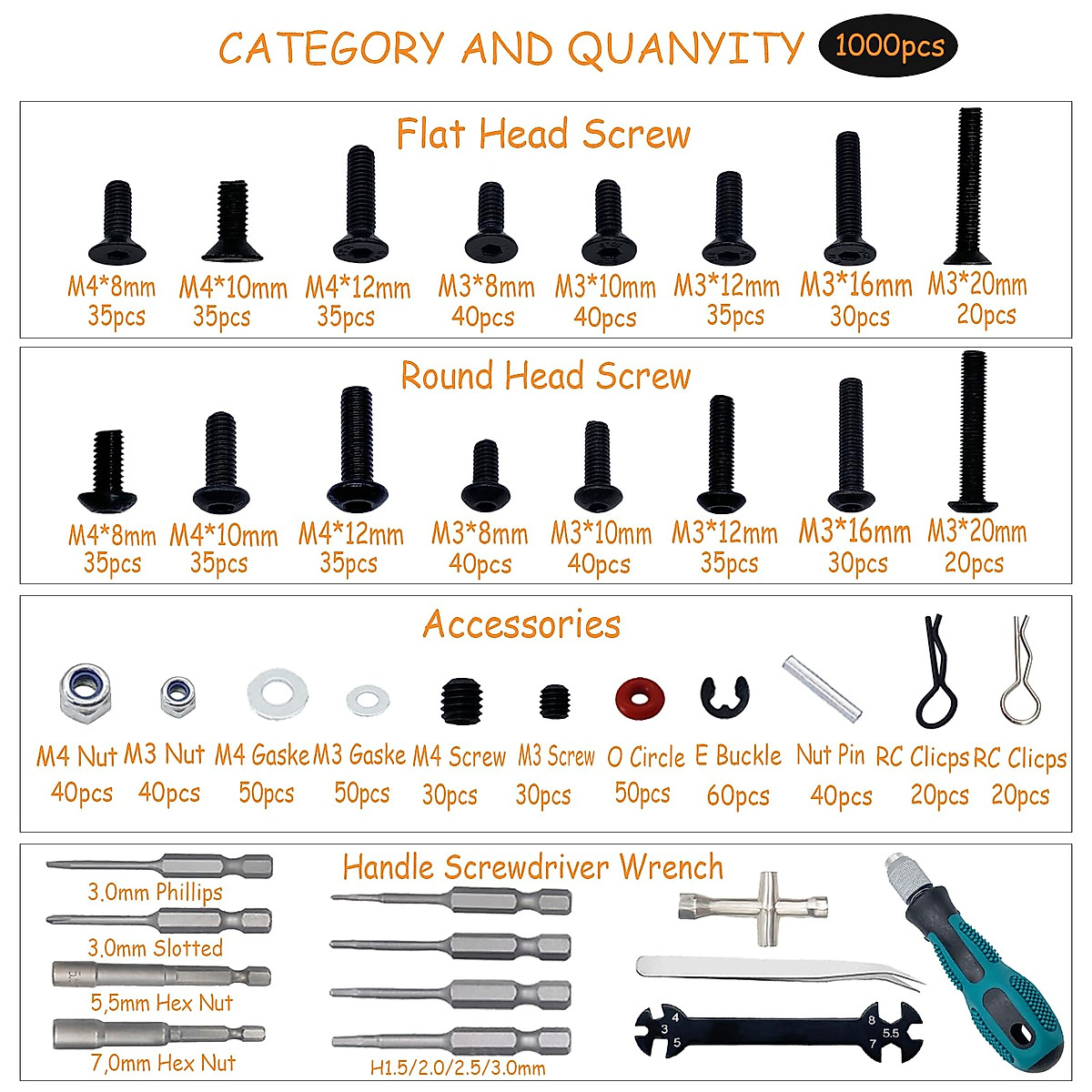 1000pcs RC Screw Kit and RC Screwdrivers, RC Tool Kit for Traxxas Axial Redcat Arrma HPI HSP SCX10 RC4WD Losi 1/8 1/10 1/12 1/16 Scale RC Cars Trucks Crawler Accessories Screw Kit