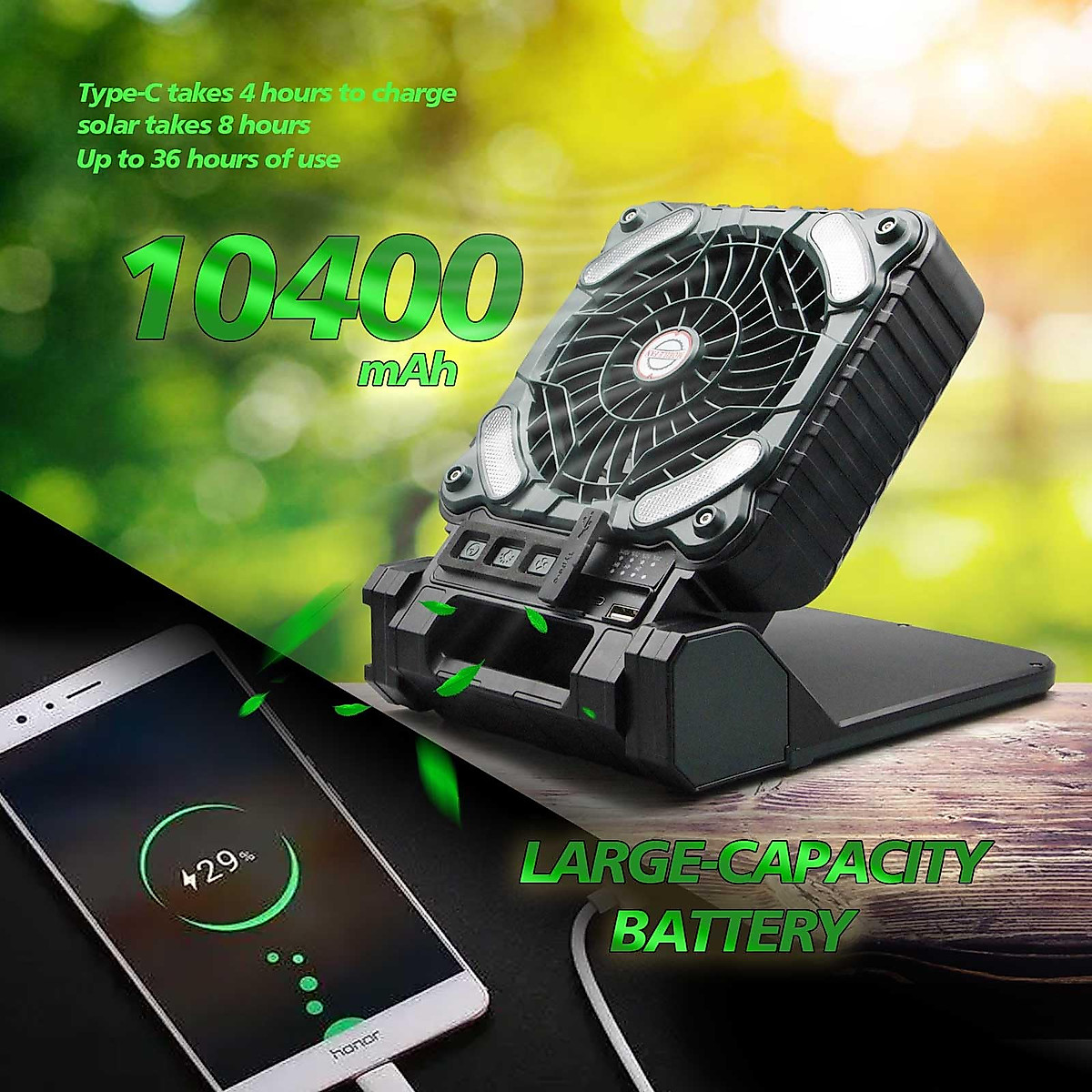 10400mAh Solar Camping Fan, High Power Rechargeable Portable Fan With LED, Used as A Emergency Power to Charge Mobile Phones in Outdoor, Picnic, Fishing