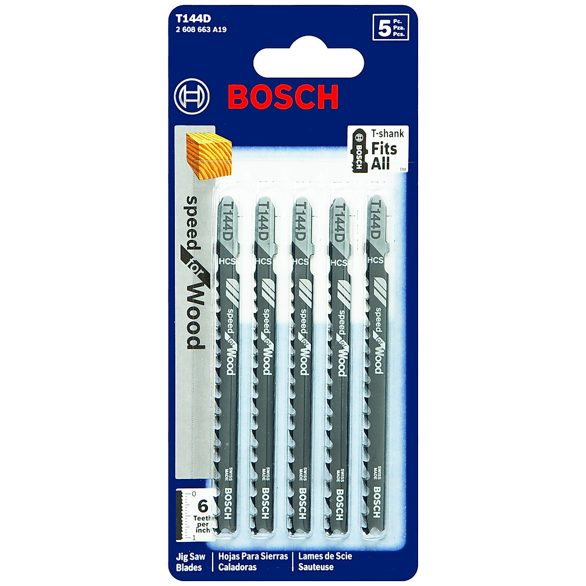 BOSCH T144D 5-Piece 4 In.6 TPI Speed for Wood T-Shank Jig Saw Blades