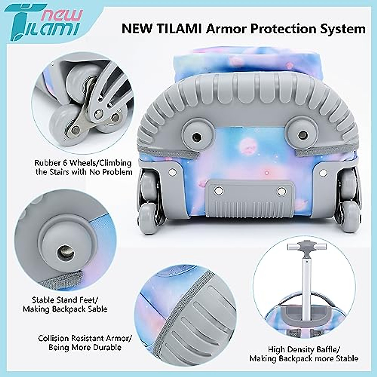 NEW TILAMI Roller Backpacks for Girls, Adjustable Laptop Rolling Backpack with Wheels for Girls to School Travel Camping Boys Rolling Backpack Purple Star 18 Inches