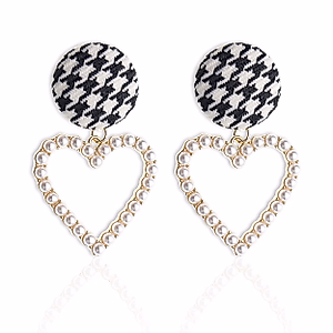 Sonateomber Black White Antique Pearl Heart Hoop Drop Dangle Earrings for Women, Vintage Cute Retro Round Houndstooth Checkered Valentine Love Jewelry Prom Gift