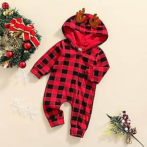 LIOMENGZI Christmas Baby Girl Boy Romper Clothes Red Plaid Checked Hooded Bodysuit Jumpsuit Xmas Toddler Baby Xmas 1st Outfit (Red, 6-12 Months)