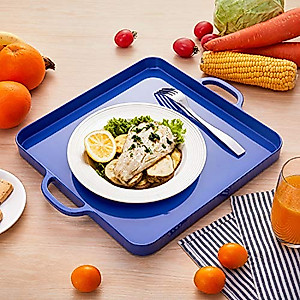 i BKGOO Foodservice Royal Blue Plastic Tray with Handle Set of 2 Large Melamine Cube Serving Platters for Parties, Table, Kitchen Size(12.5"x12.5"x1")