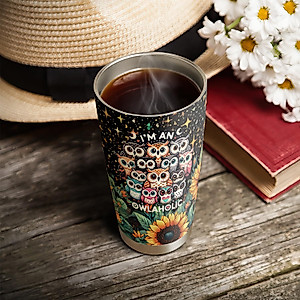 20oz Owlaholic Sunflower Owl Tumbler, Gifts for Owl Lovers, Coffee Thermos for Women, Stainless Steel Double Wall Vacuum Insulated Coffee Mug, Travel Cup with Lid