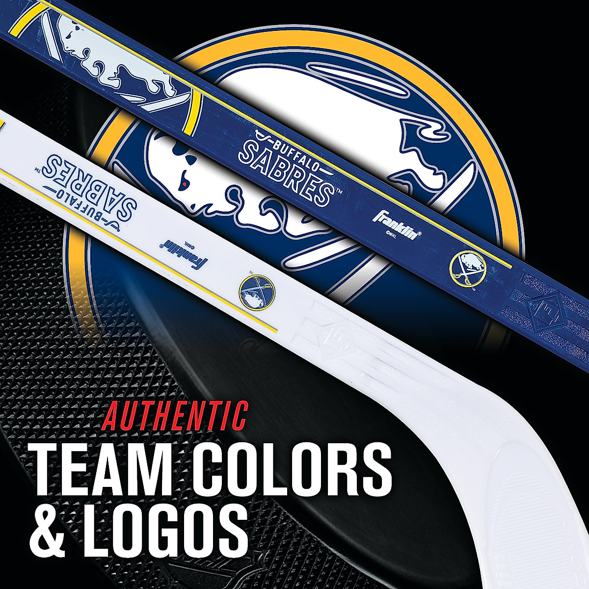 Franklin Sports Buffalo Sabres NHL Mini Hockey Stick Set - NHL Team Knee Hockey Stick and Ball Set - Two Players - Great Toy for Kids