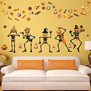 Halloween Skeleton Wall Decal Halloween Wall Stickers Pumpkin Candy Wall Decals Vinyl Halloween Window Clings Peel and Stick for Kids Room Window Halloween Party Decor