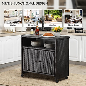 GOOGIC Outdoor Wicker Storage Cabinet - Patio Bar Table with Wheel,Outdoor Buffet Cabinet Movable,Garden Weather-Proof Bar Table/Cart for Indoor&Outdoor (Dark Brown)
