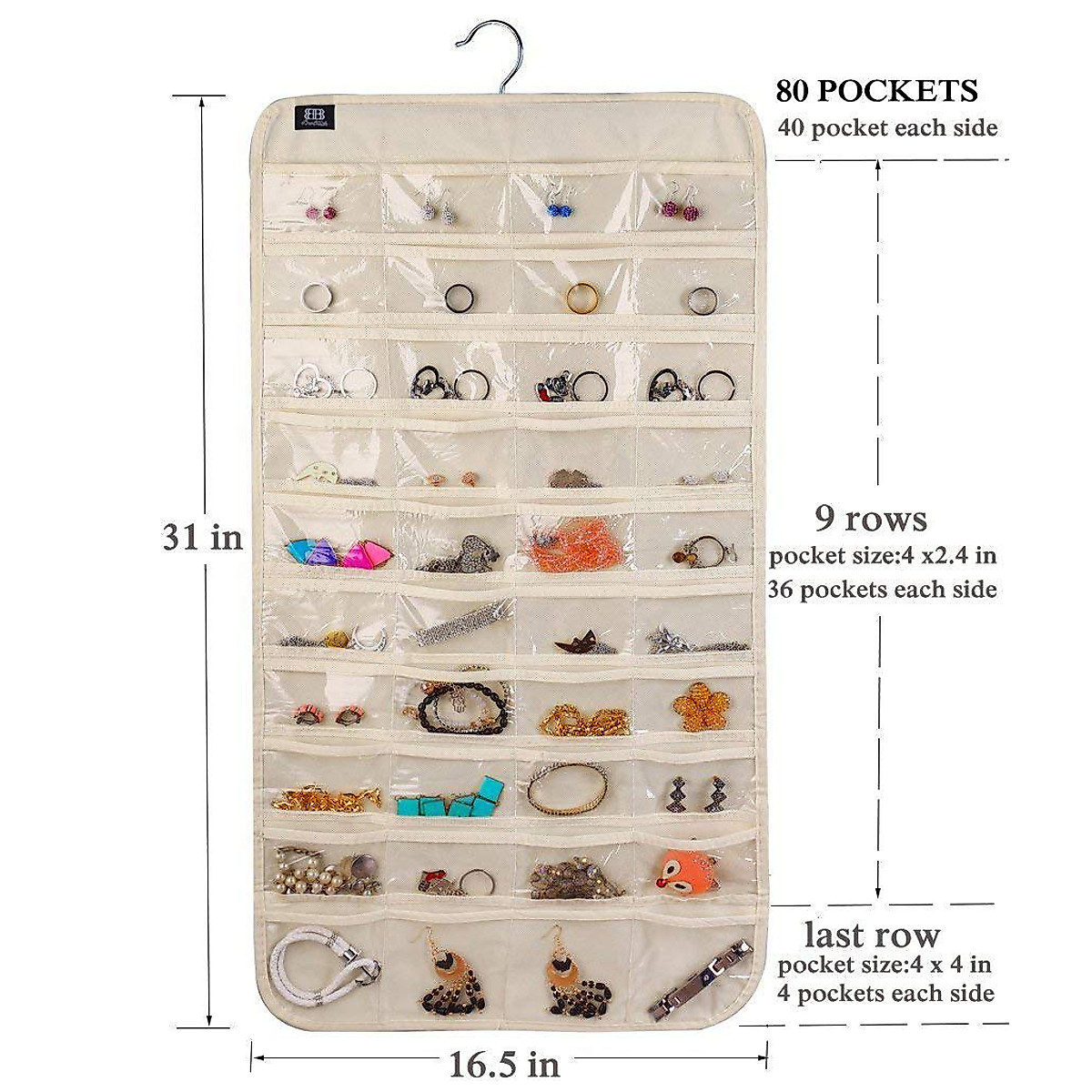 BB Brotrade Hanging Jewelry Organizer,Accessories Organizer,80 Pocket Organizer for Holding Jewelries（Beige）